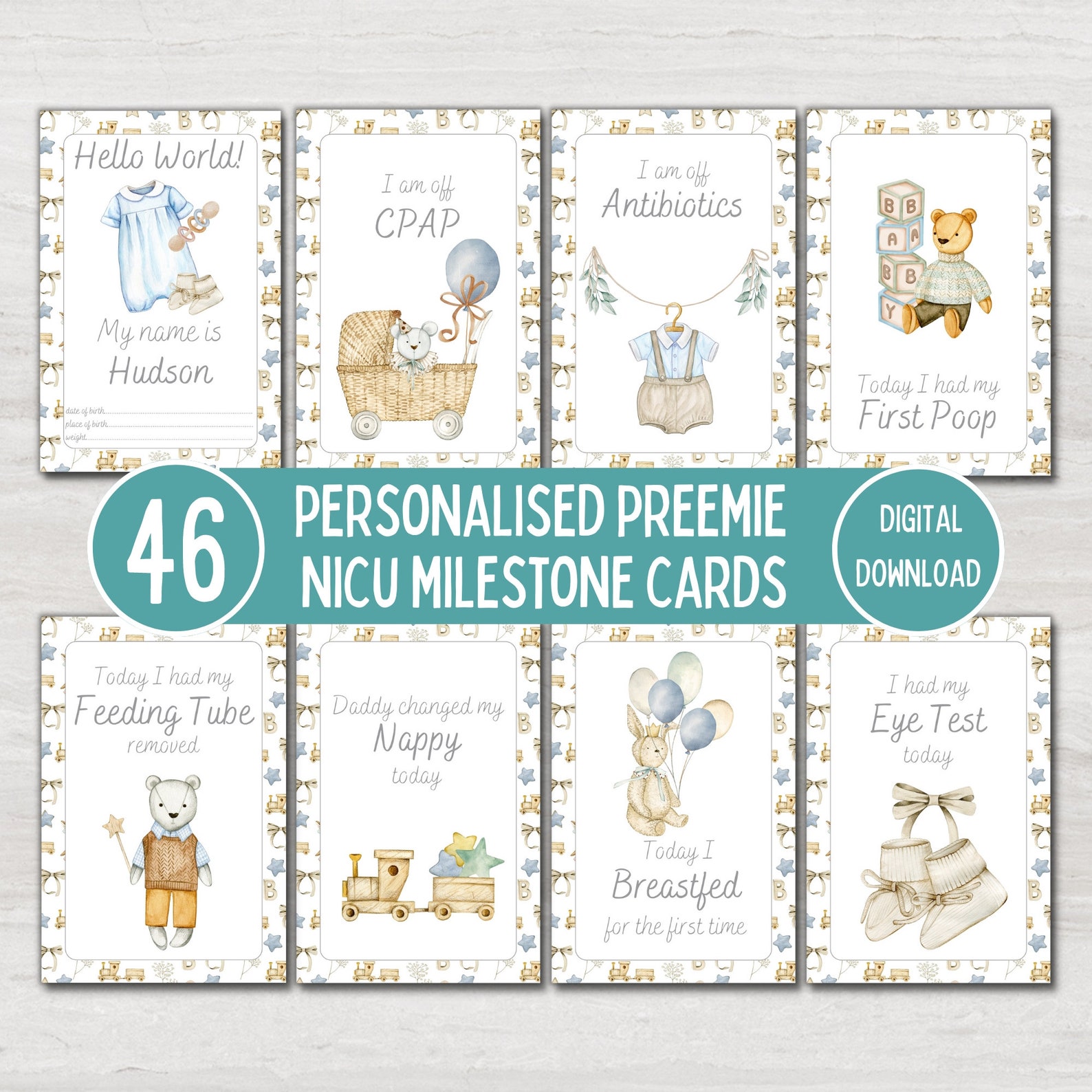 Preemie Baby NICU Milestone Cards, Personalised Boy Vintage Blue, Baby ...