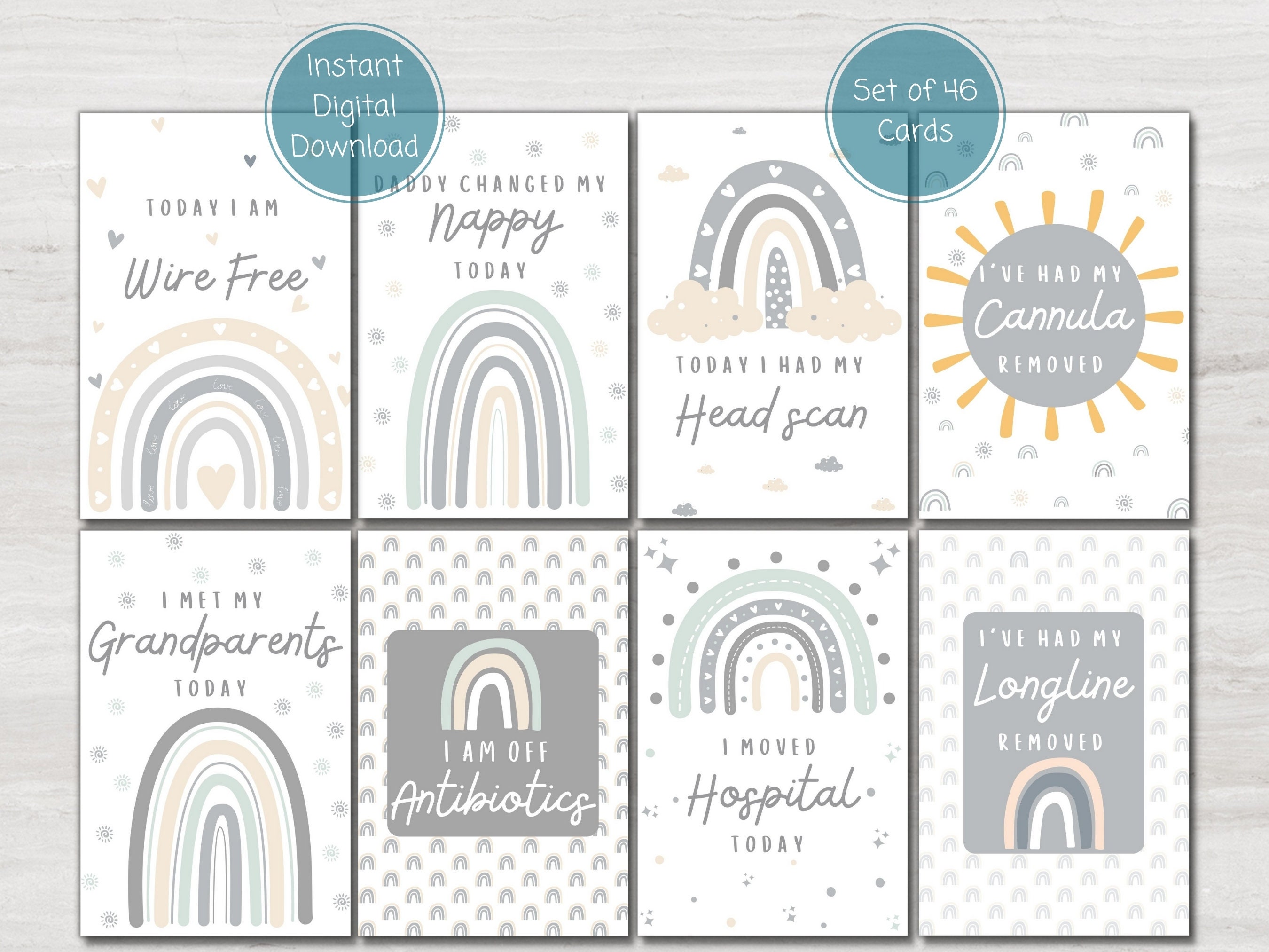 Preemie Baby NICU Milestone Cards, Neutral Grey Boho Rainbow, Baby ...