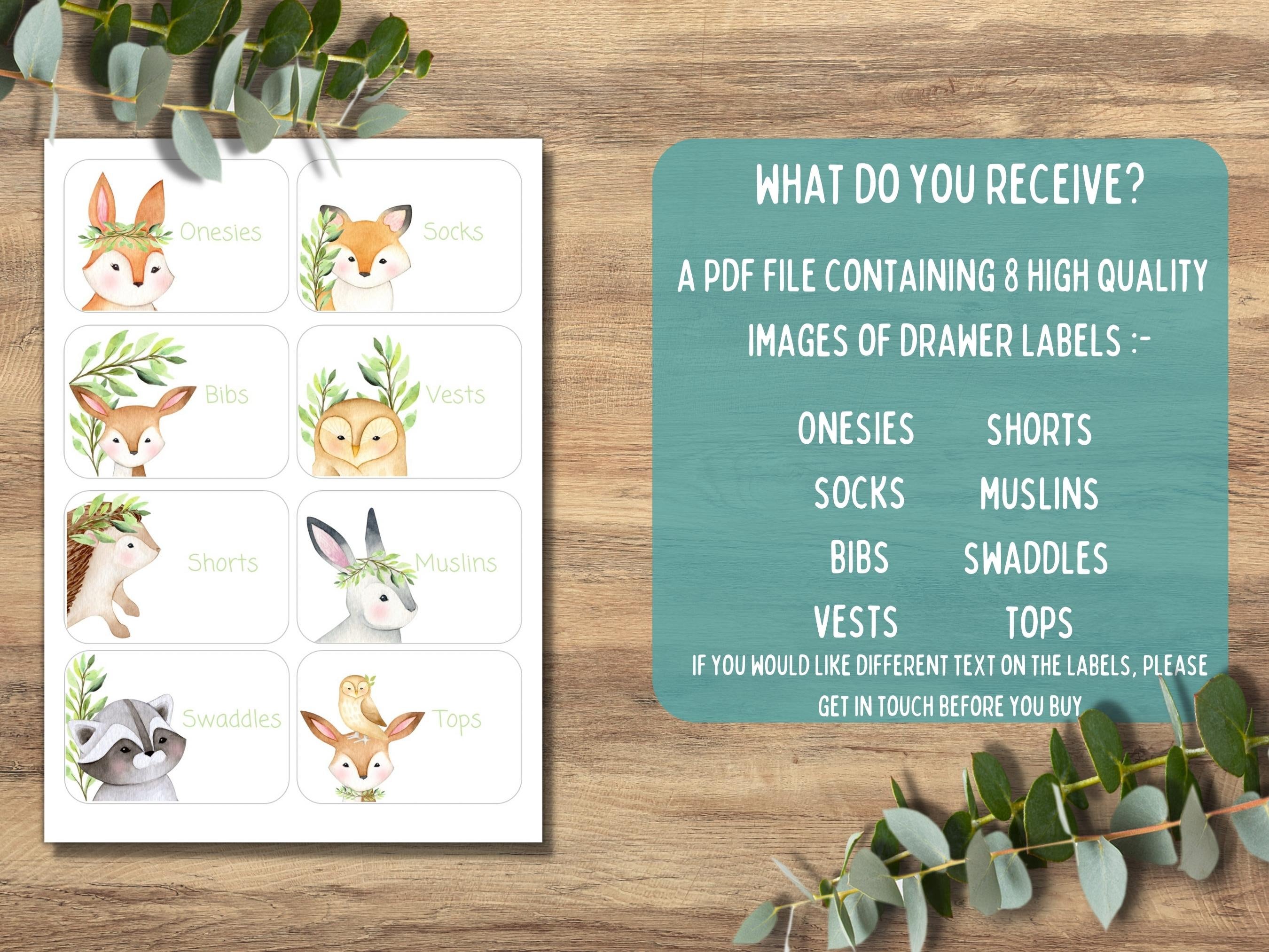 Nursery Drawer Labels for Baby Clothing, Green Woodland Animal Storage ...
