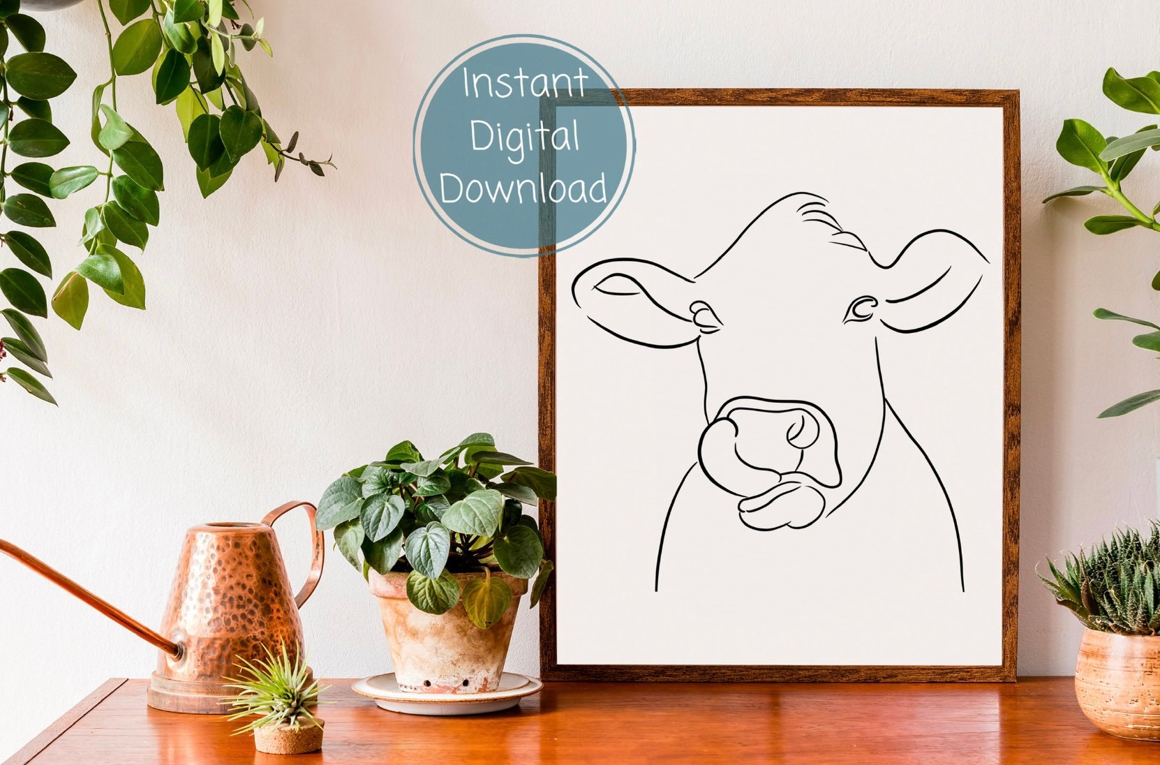 Cow Line Art, Farm Animal Black and White Minimalist Print, Instant ...