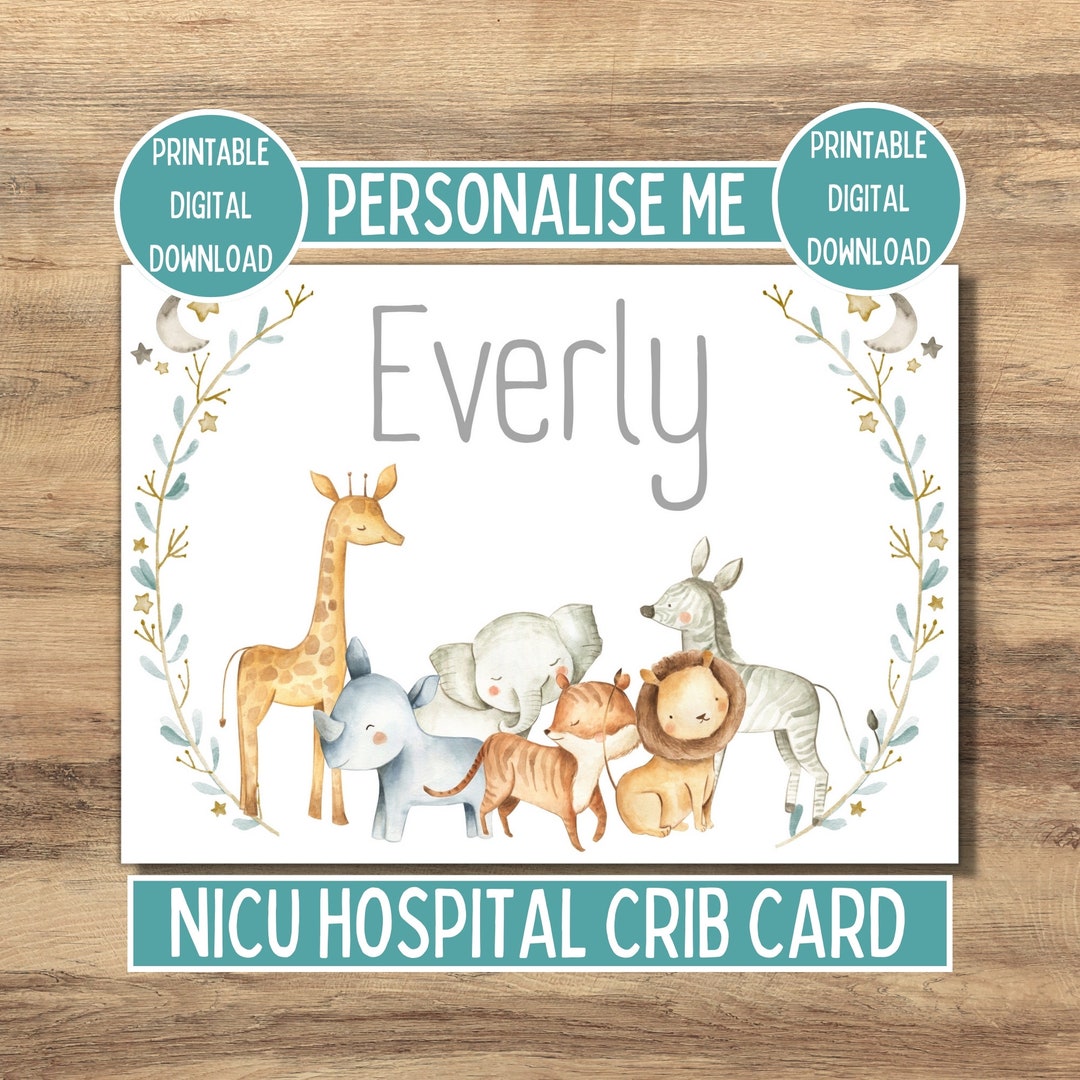 Baby Name Card for NICU Incubator, Preemie Isolette, Hospital Crib Cot Name Sign, Safari Animal ...