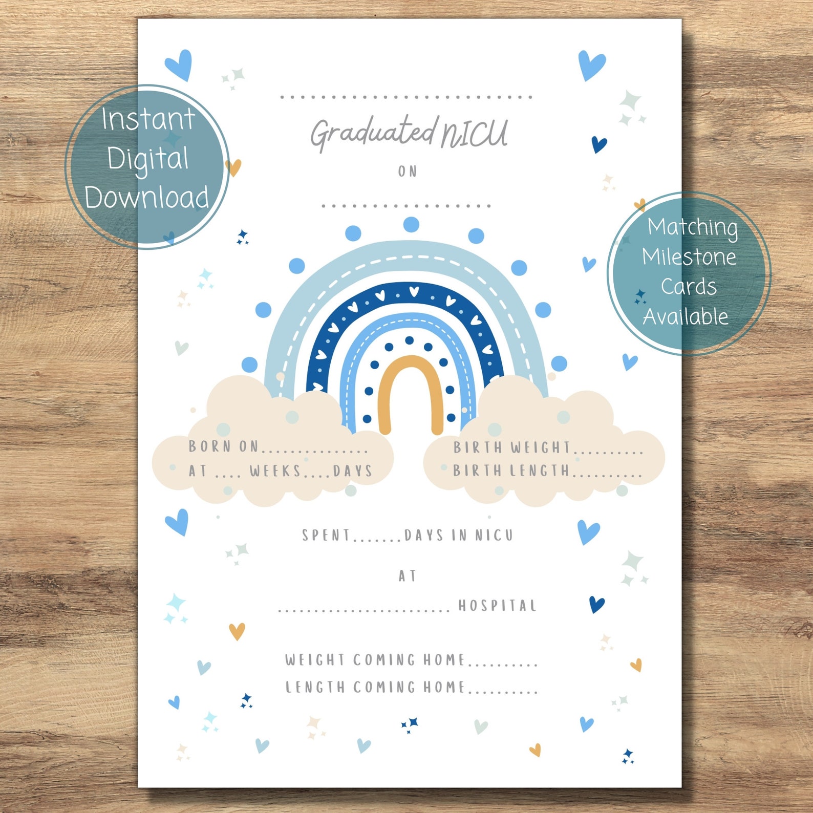 NICU Graduate Certificate, NICU Grad, Preemie Baby NICU Milestone, Blue ...