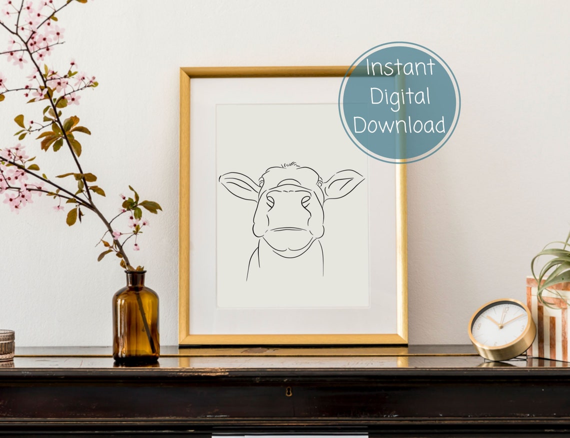 Cow Line Art, Farm Animal Black and White Minimalist Print, Instant ...