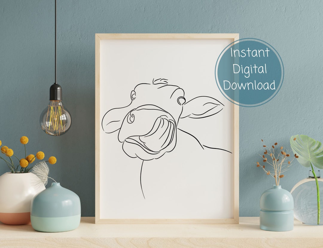 Cow Line Art, Farm Animal Black and White Minimalist Print, Instant ...