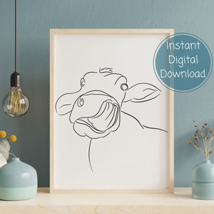 Cow Line Art, Farm Animal Black and White Minimalist Print, Instant ...