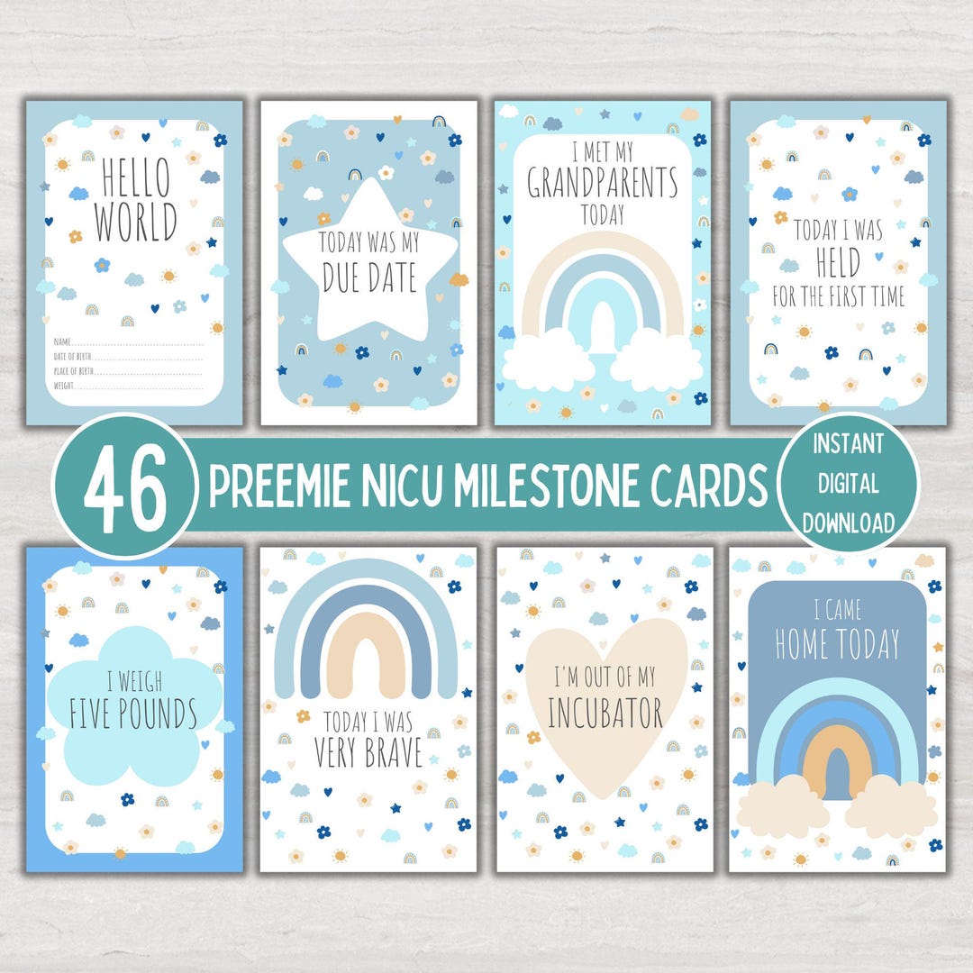 Preemie Baby NICU Milestone Cards, Baby Photo Prop, Premature Boy NICU ...