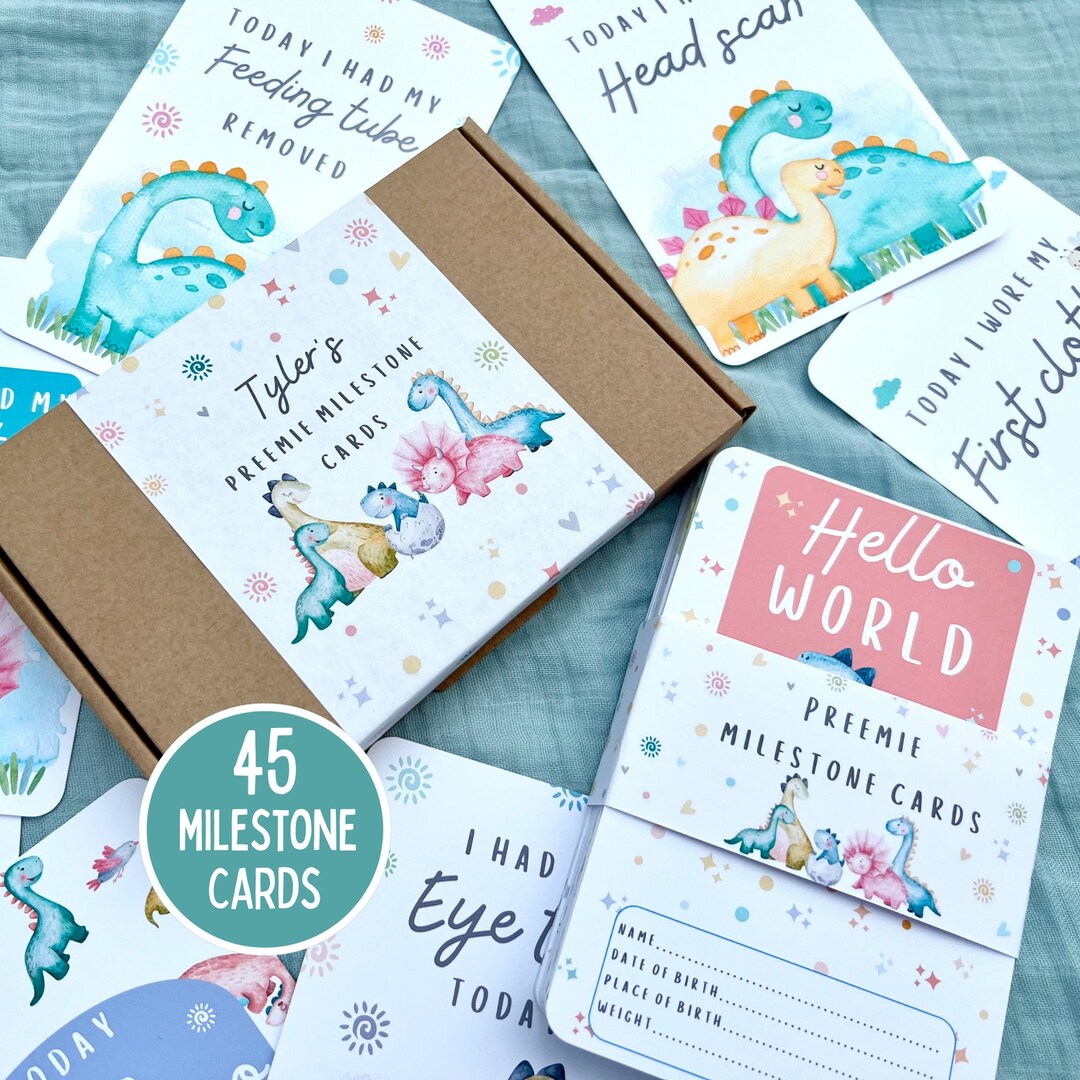 Dinosaur Preemie Baby NICU Milestone Cards in A Personalised Keepsake ...