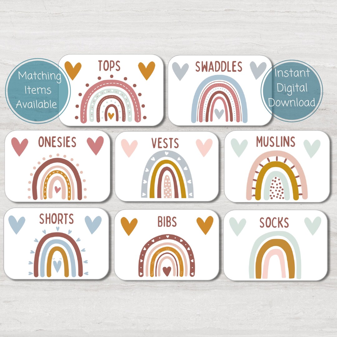 Nursery Drawer Labels for Baby Clothing, Boho Rainbow Storage Labels ...