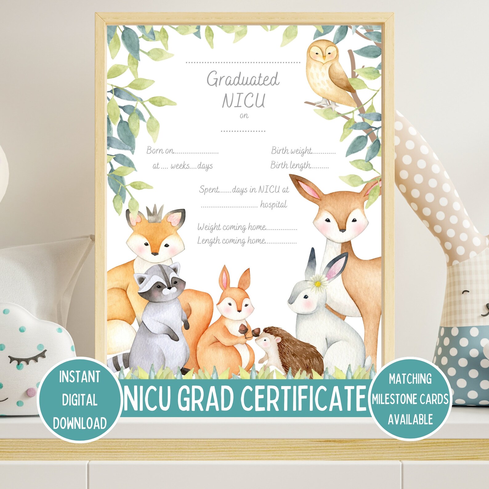 Woodland Animal NICU Graduate Certificate, NICU Grad, Preemie Baby NICU ...
