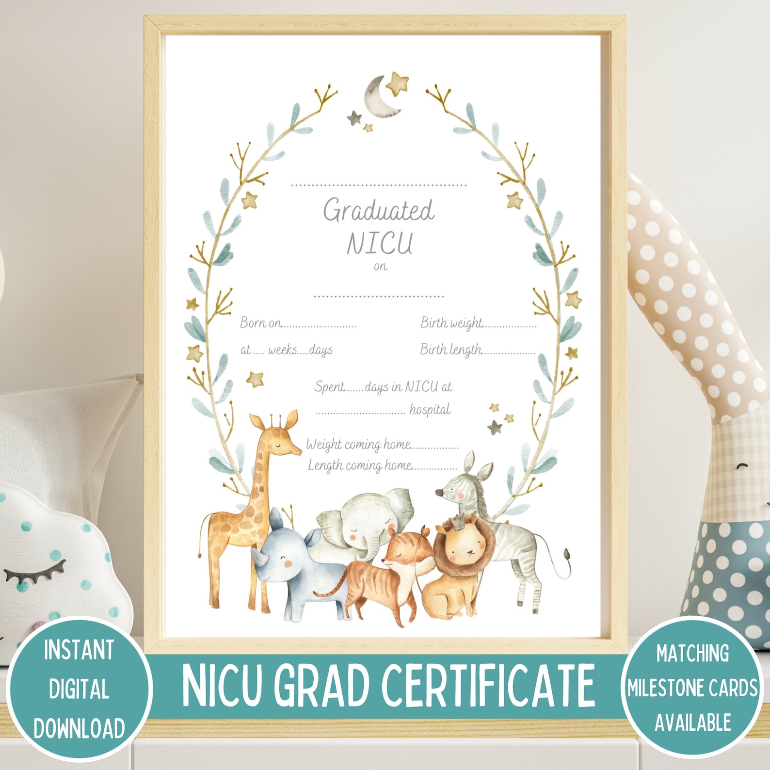Safari Animal NICU Graduate Certificate, NICU Grad, Preemie Baby NICU ...