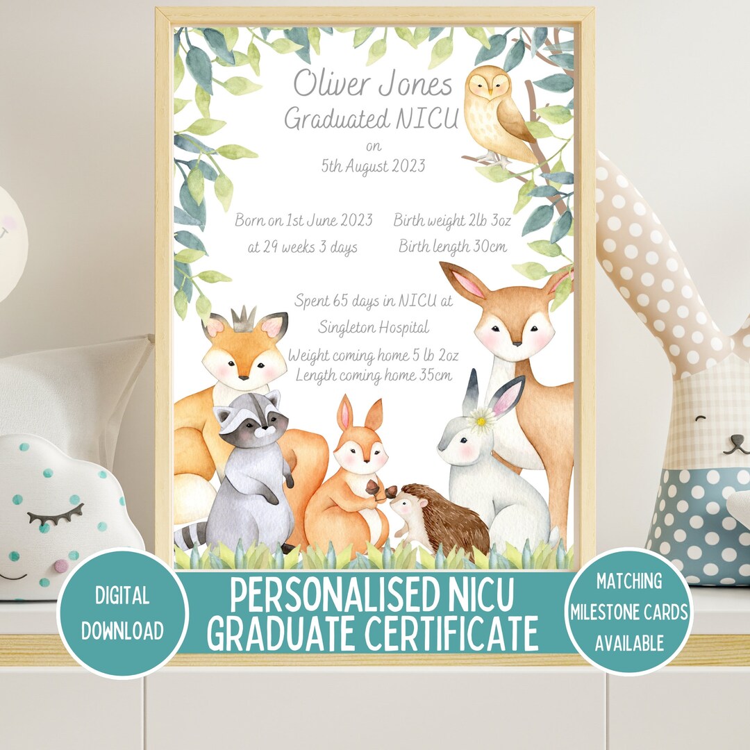 NICU Graduate Certificate, Personalised Woodland Animal NICU Grad ...