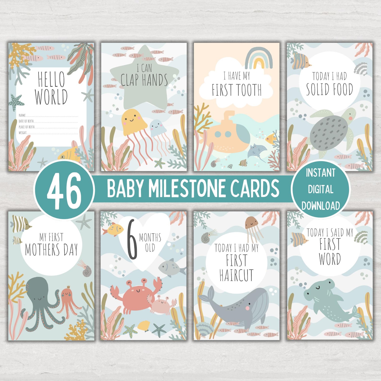 Under the Sea Baby Milestone Cards: Nautical Ocean Theme Baby Photo ...