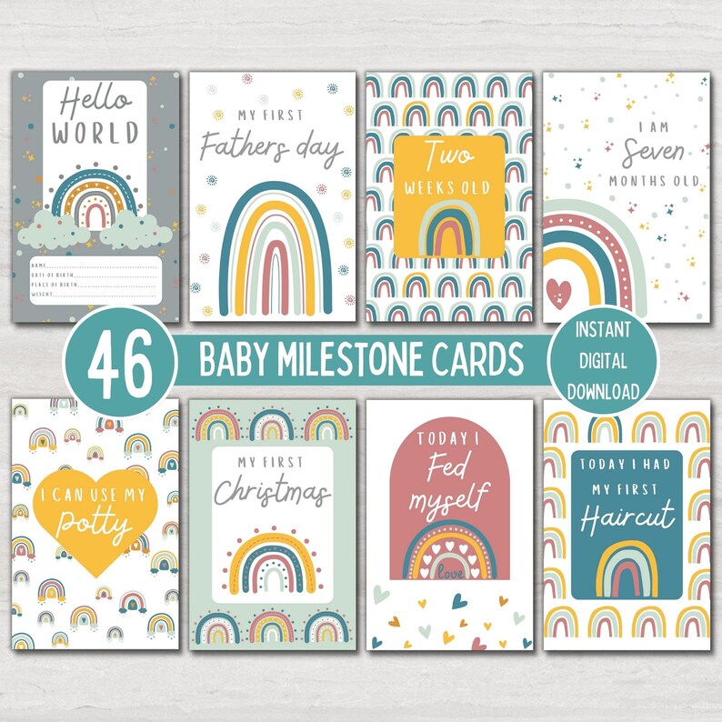 Rainbow Baby Milestone Cards, Baby Shower Gift, Baby Keepsake Cards, NICU Milestones, Instant ...