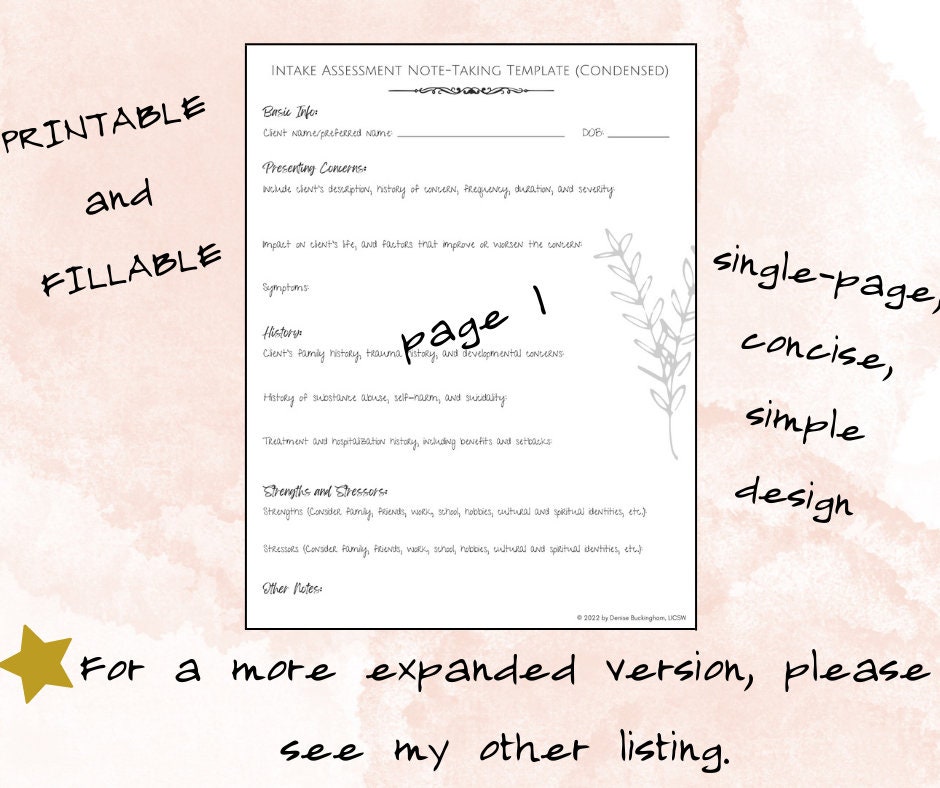 Intake Assessment Note-taking Template (condensed Version) Instant ...