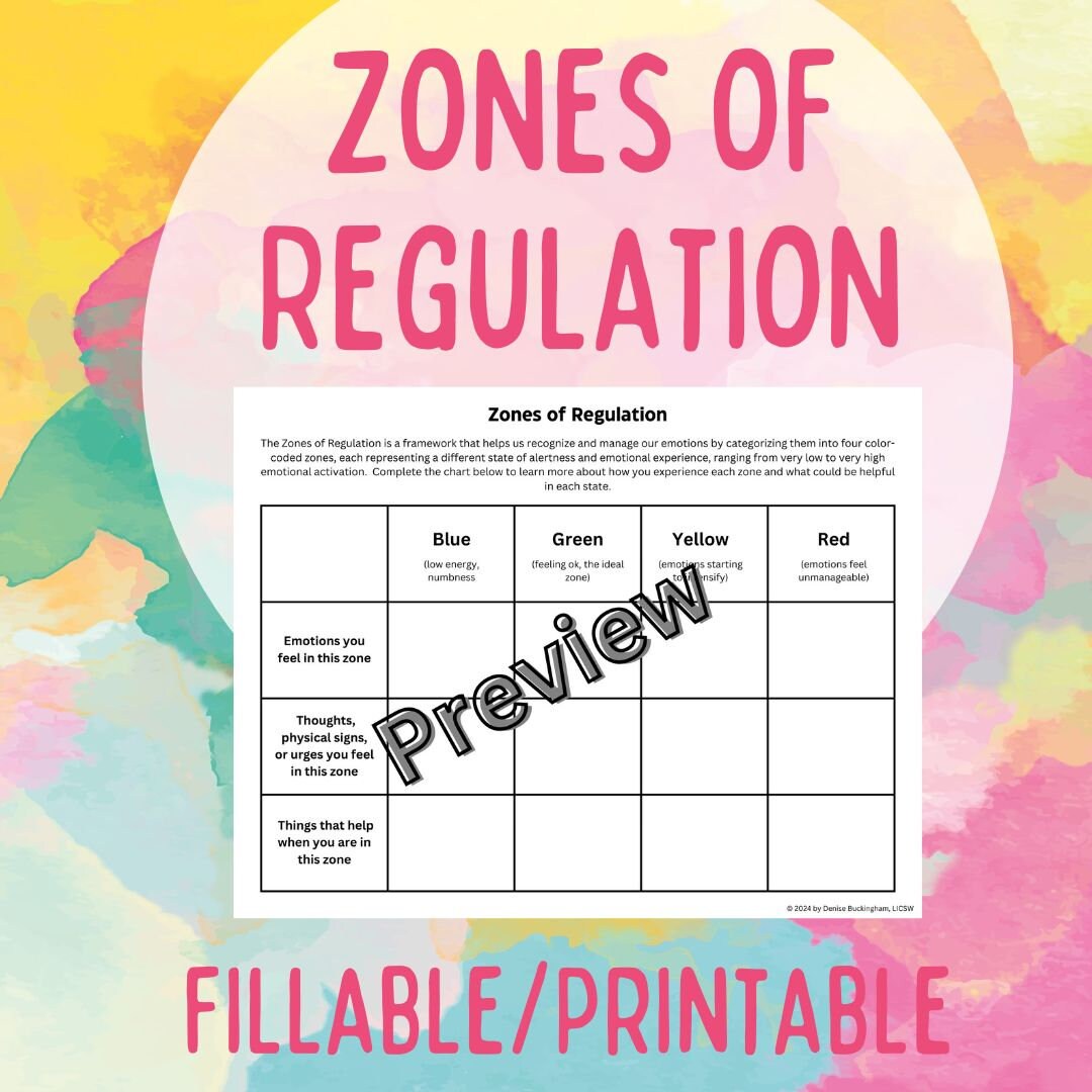 Zones of Regulation Therapy Worksheet to Help Cope With Emotions ...
