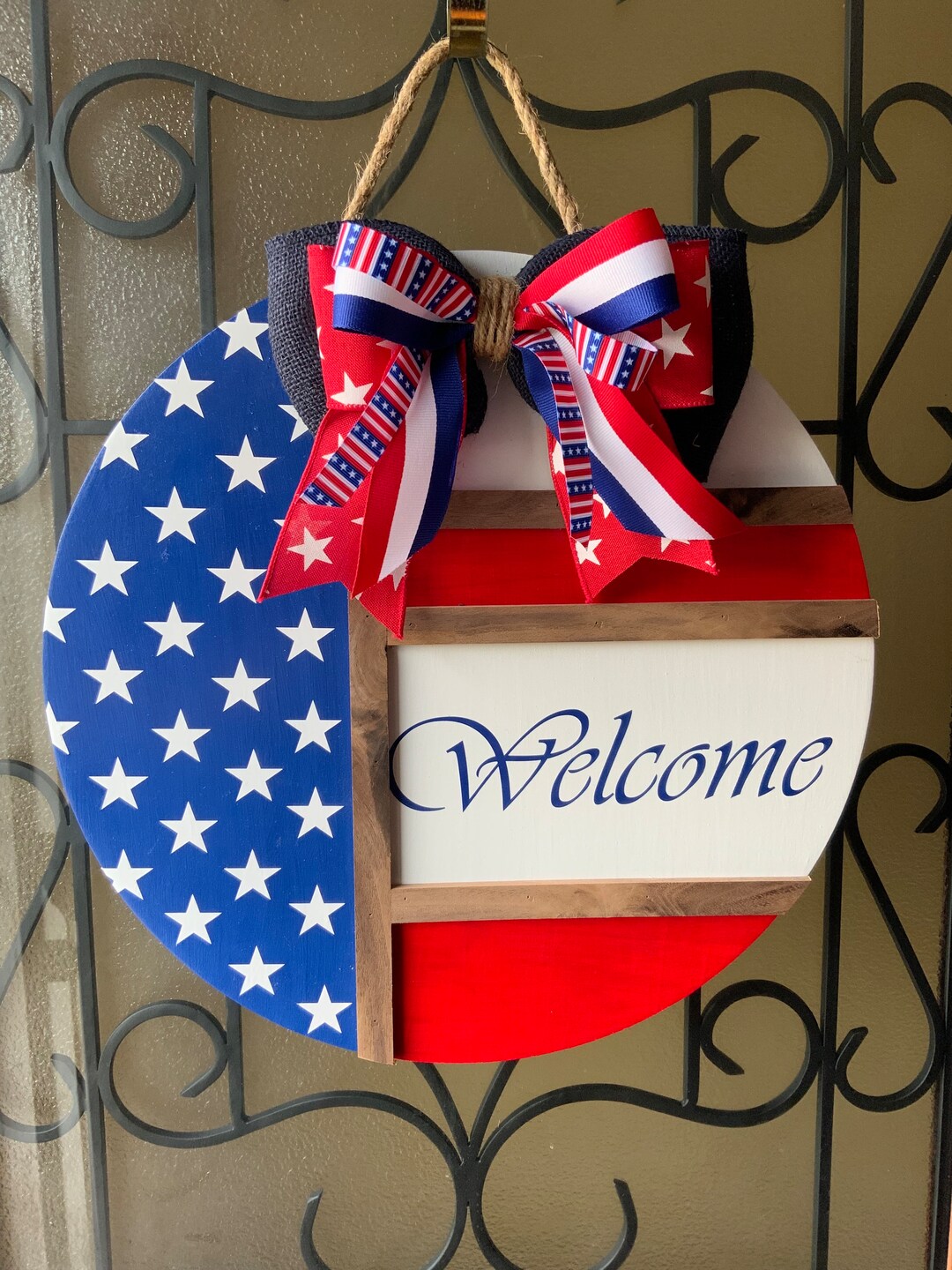 American Flag Welcome Round Door Hanger - Etsy