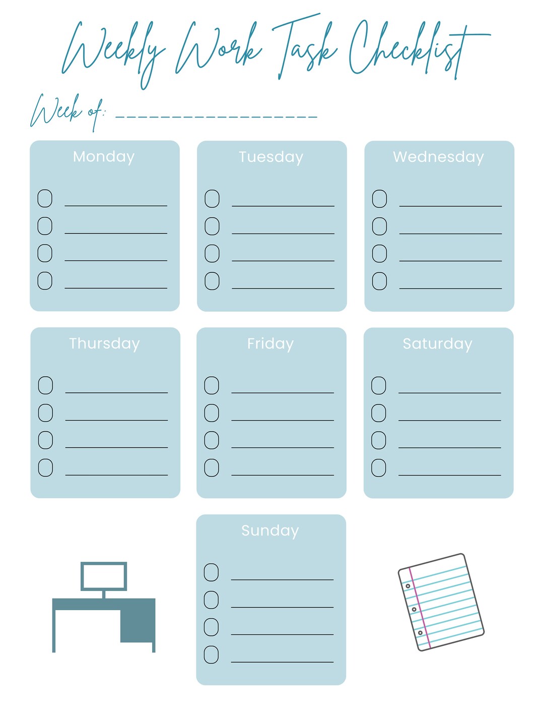Weekly Work Task Checklist Digital Printable Download - Etsy