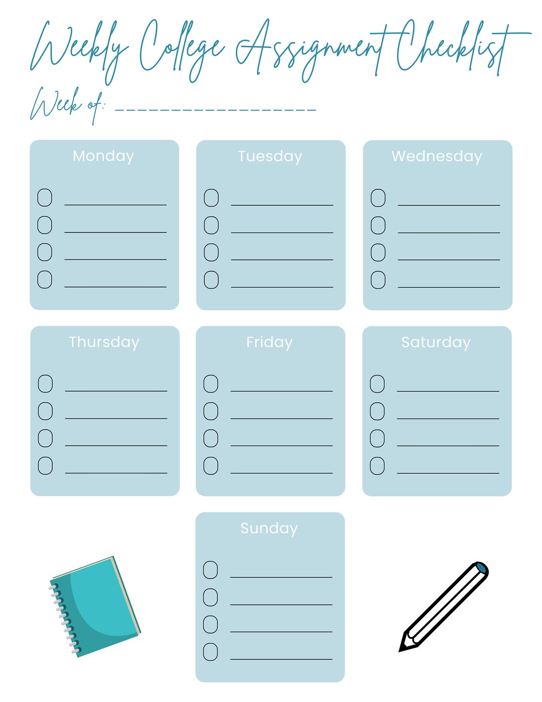 Weekly College Assignment Checklist Digital Printable Download - Etsy