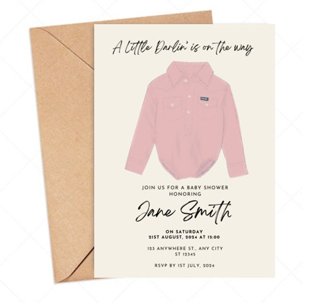 Country Baby Shower Invitation: Pink Wrangler Onesie, Canva Template ...