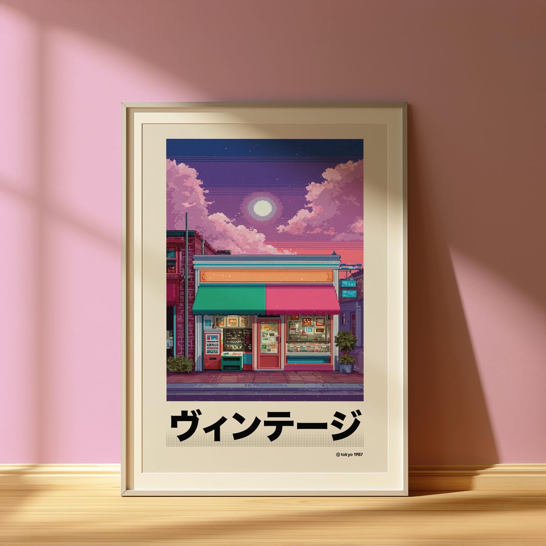 Retro Anime Store Poster, Pink Japanese Cityscape, Pixel Art Print ...