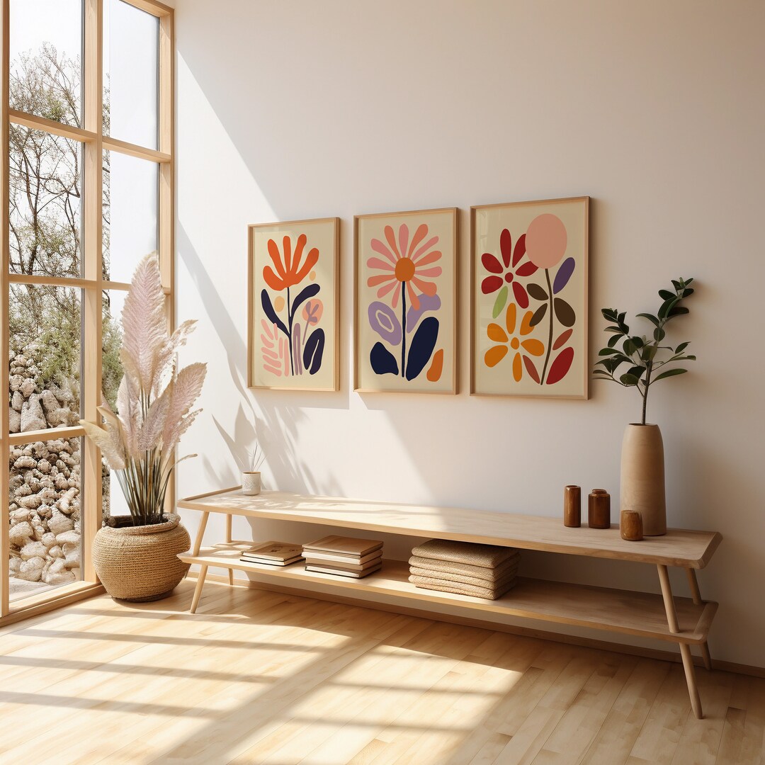 Set of 3 Beige Abstract Flower Poster, Set of 3 Minimalist Floral Print ...