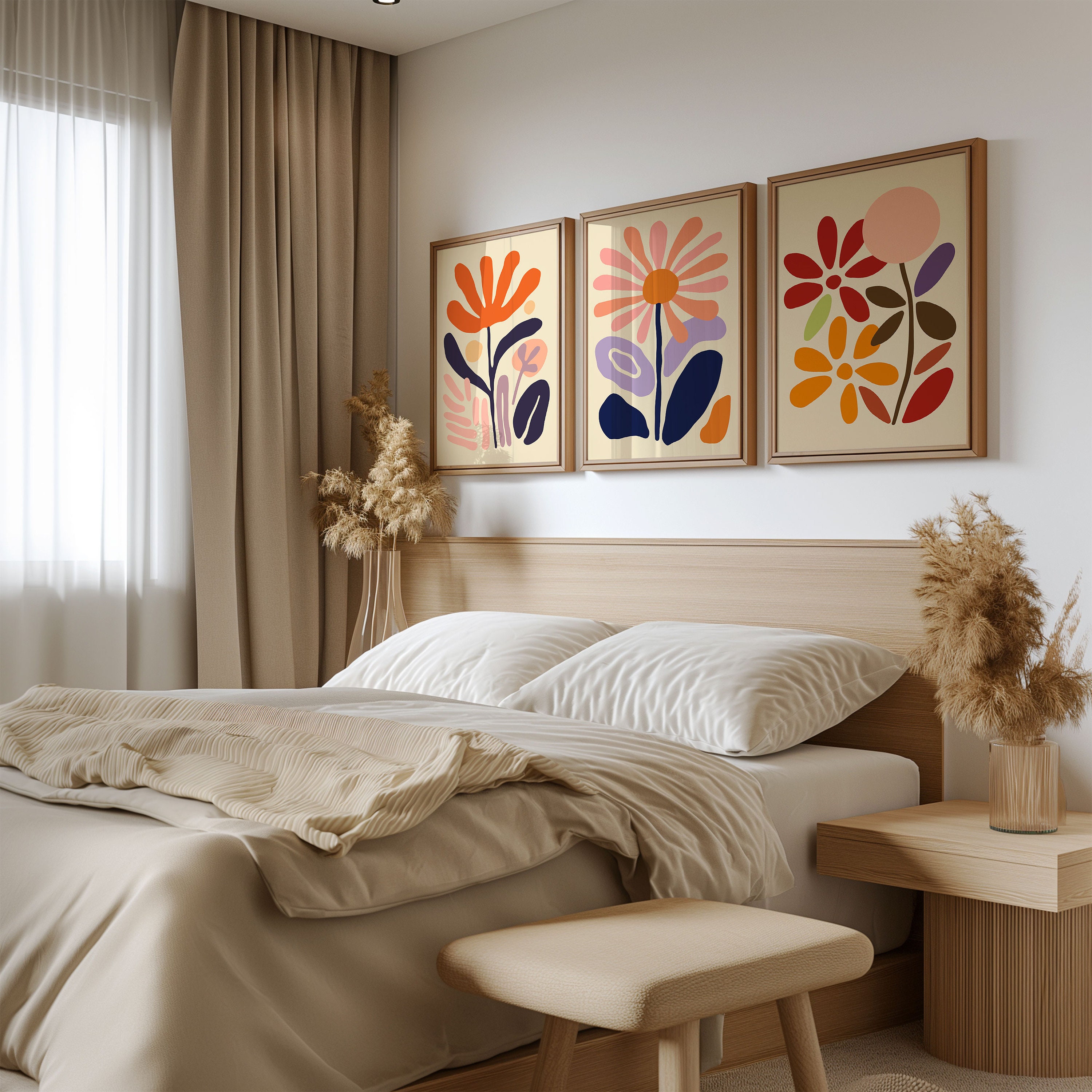 Set of 3 Beige Abstract Flower Poster, Set of 3 Minimalist Floral Print ...