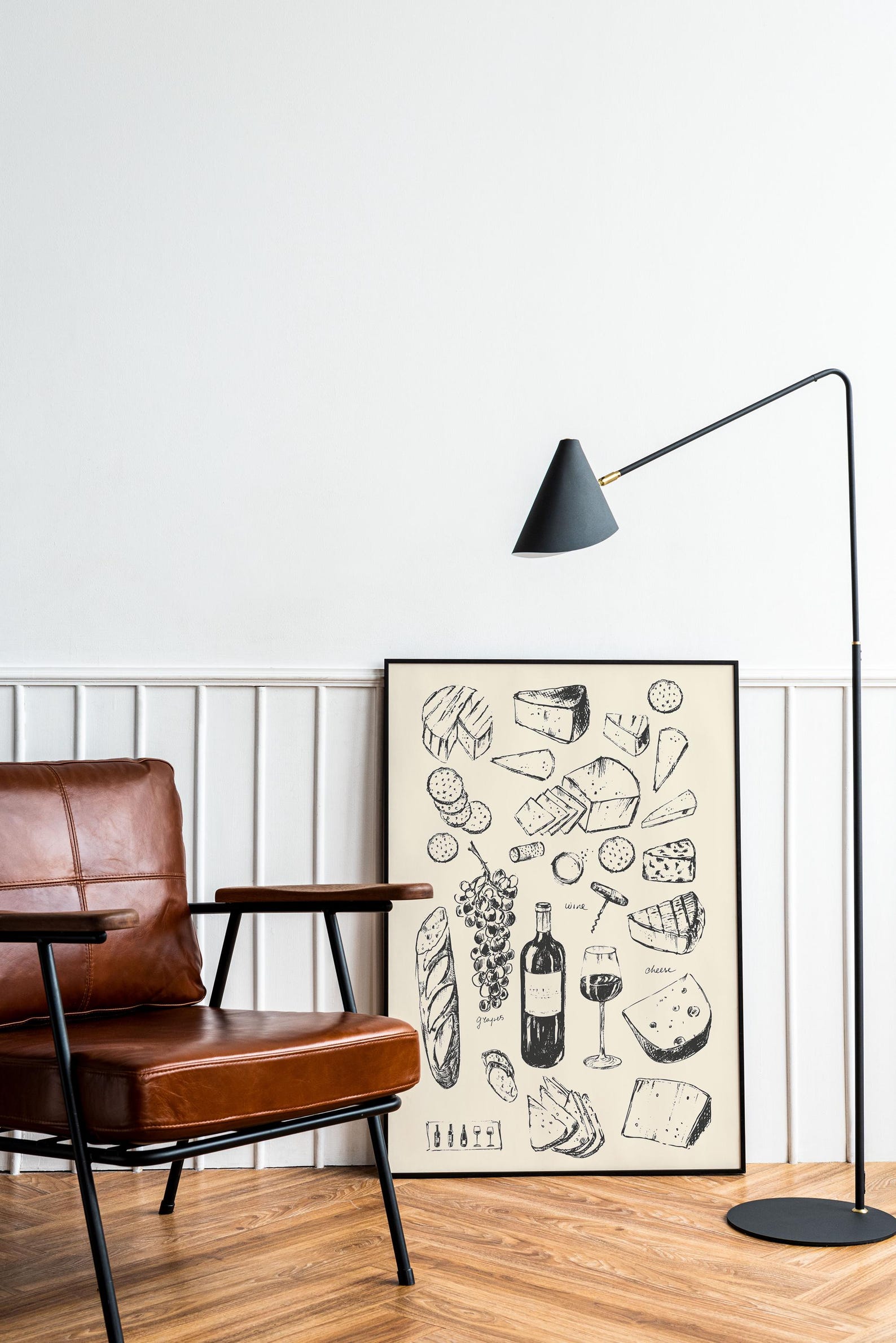 Wine and Cheese Kitchen Poster, Digital Download, Hand Drawn French ...