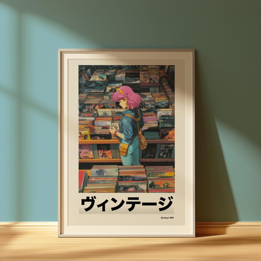 Japanese Vintage Record Store Poster, Retro Anime Wall Art, Pink Hair ...