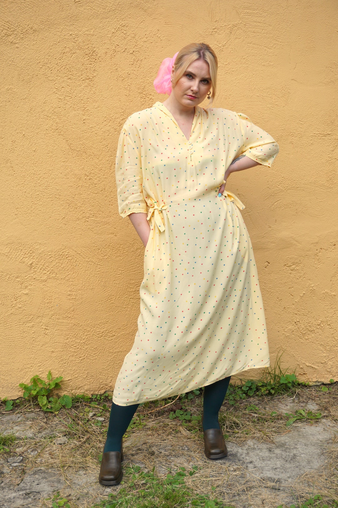 Vintage Yellow Star Tea Dress WITH POCKETS, Long Dress Belted Waist ...