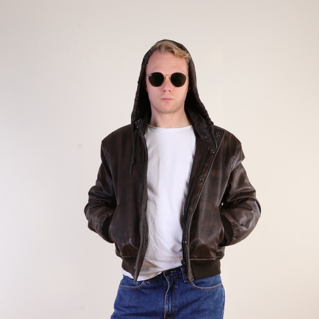 80s Vintage Swedish Leather Bomber Jacket W Hood in Brown EU50 S/M - Etsy