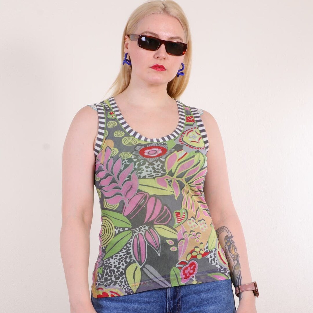 Vintage Y2K Taifun Sheer Floral micro mesh Rave Tank Top M - Etsy 日本