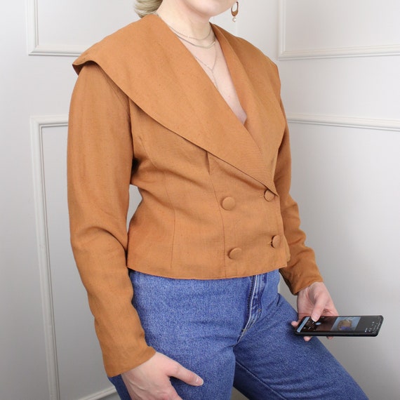 80s 90s linen blend tan blazer with large sailor coll… - Gem