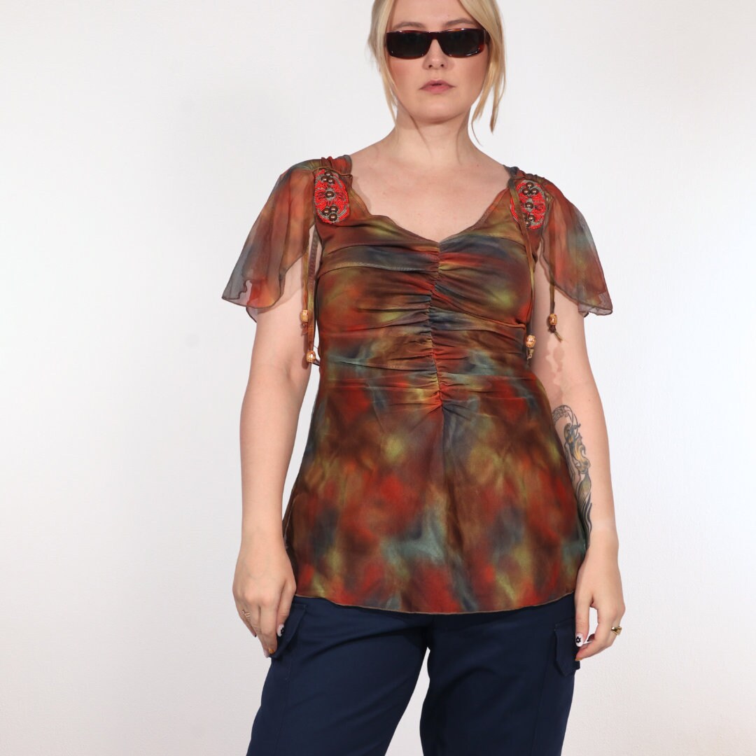 Y2K Sheer Gradient Print Micro Mesh Rave Top With Beaded Details S - Etsy