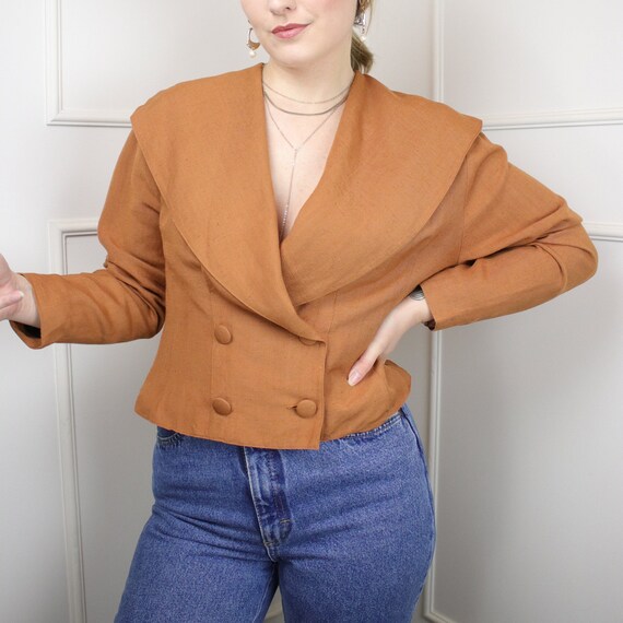 80s 90s linen blend tan blazer with large sailor coll… - Gem