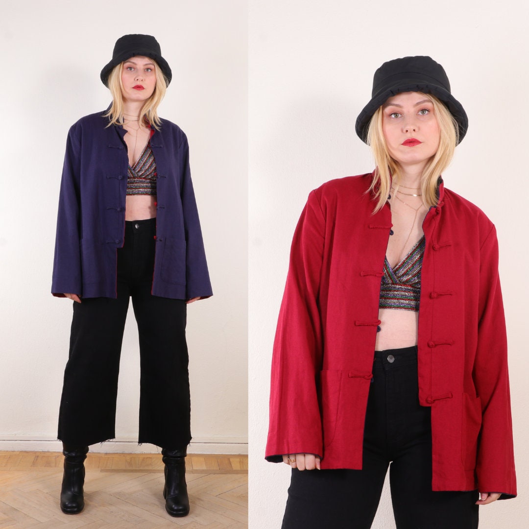 Chinese Linen Work Wear Jacket Reversible Raspberry Red/ Navy Blue WITH ...