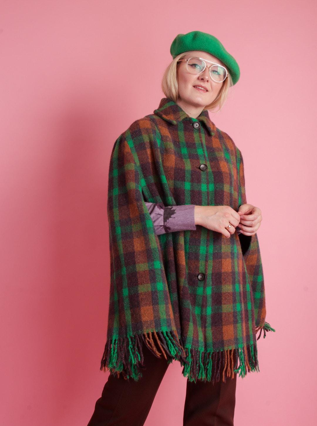 Vintage 60s 70s Plaid Wool Cape Poncho With Fringe, Hippie Boho ...