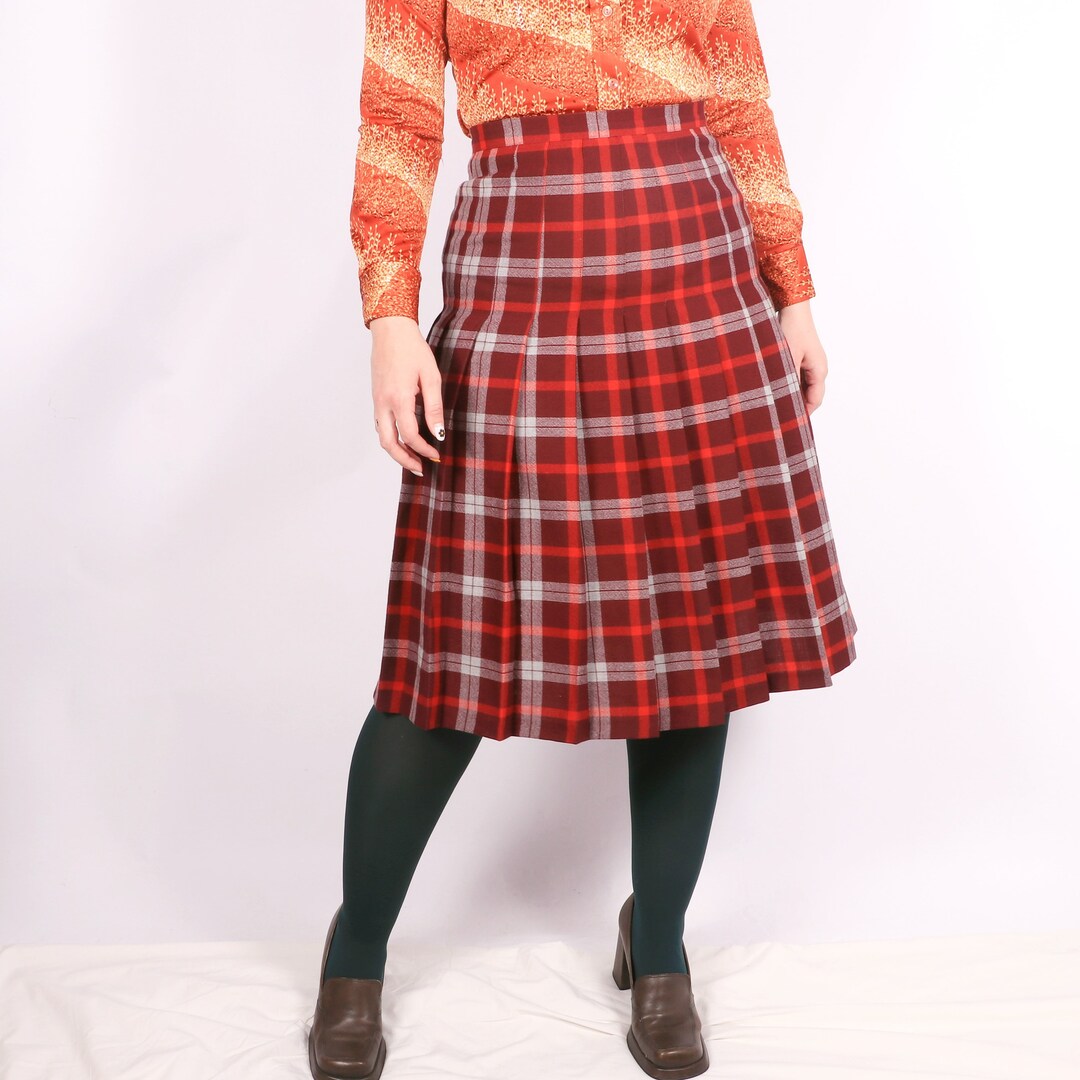 Vintage 70s Red Plaid Pleated Midi Skirt M, Dark Academia Secretary ...