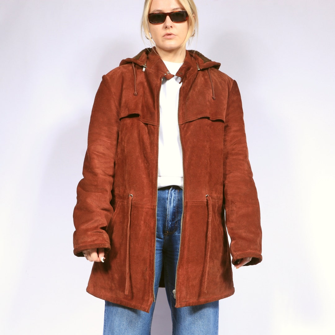 Vintage Winter Suede Coat Hooded W Teddy Bear Lining in Rust Red Brown ...