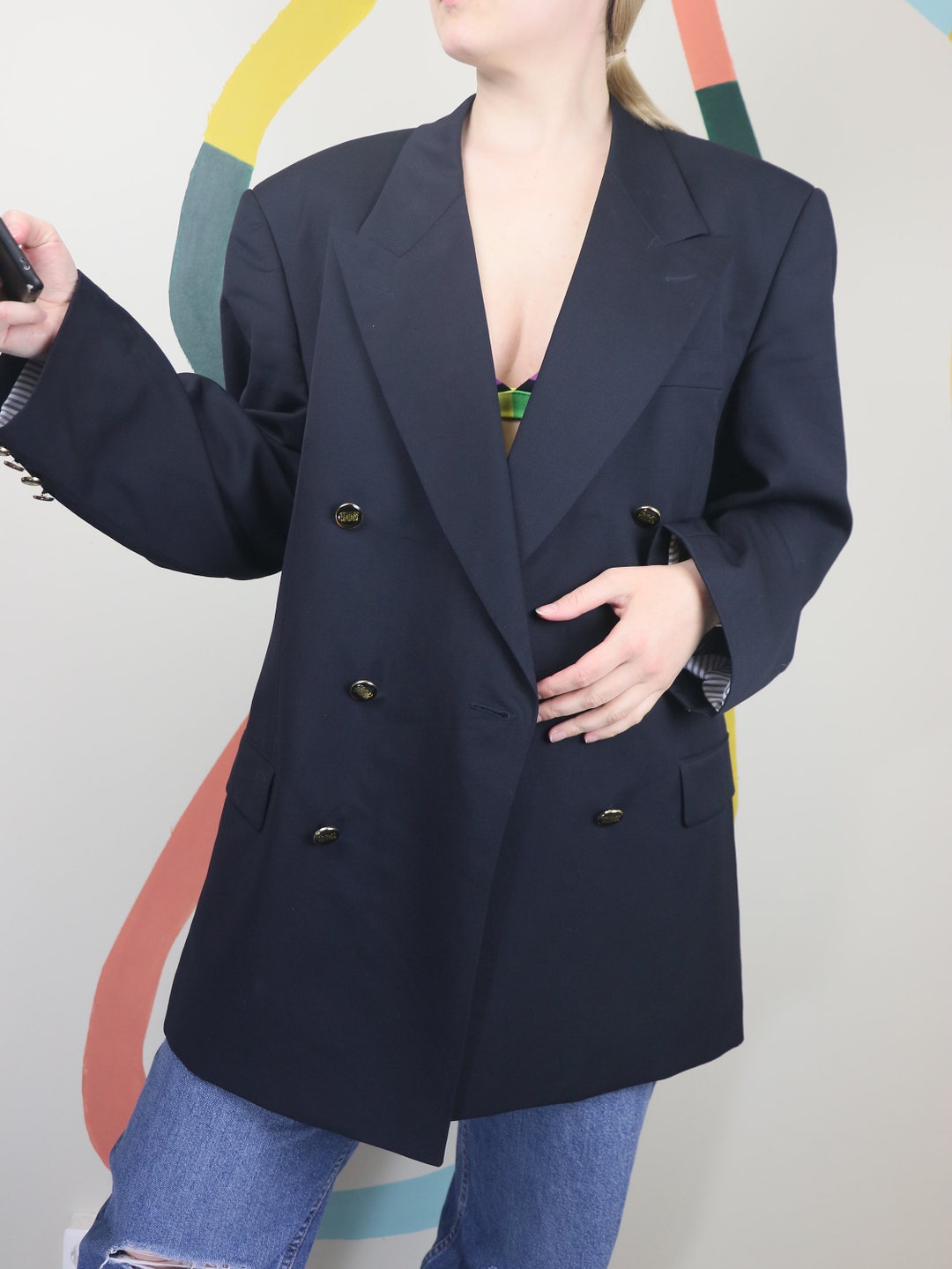 Vintage Italian Pure New Wool Minimalist Oversized Blazer in Navy Blue ...
