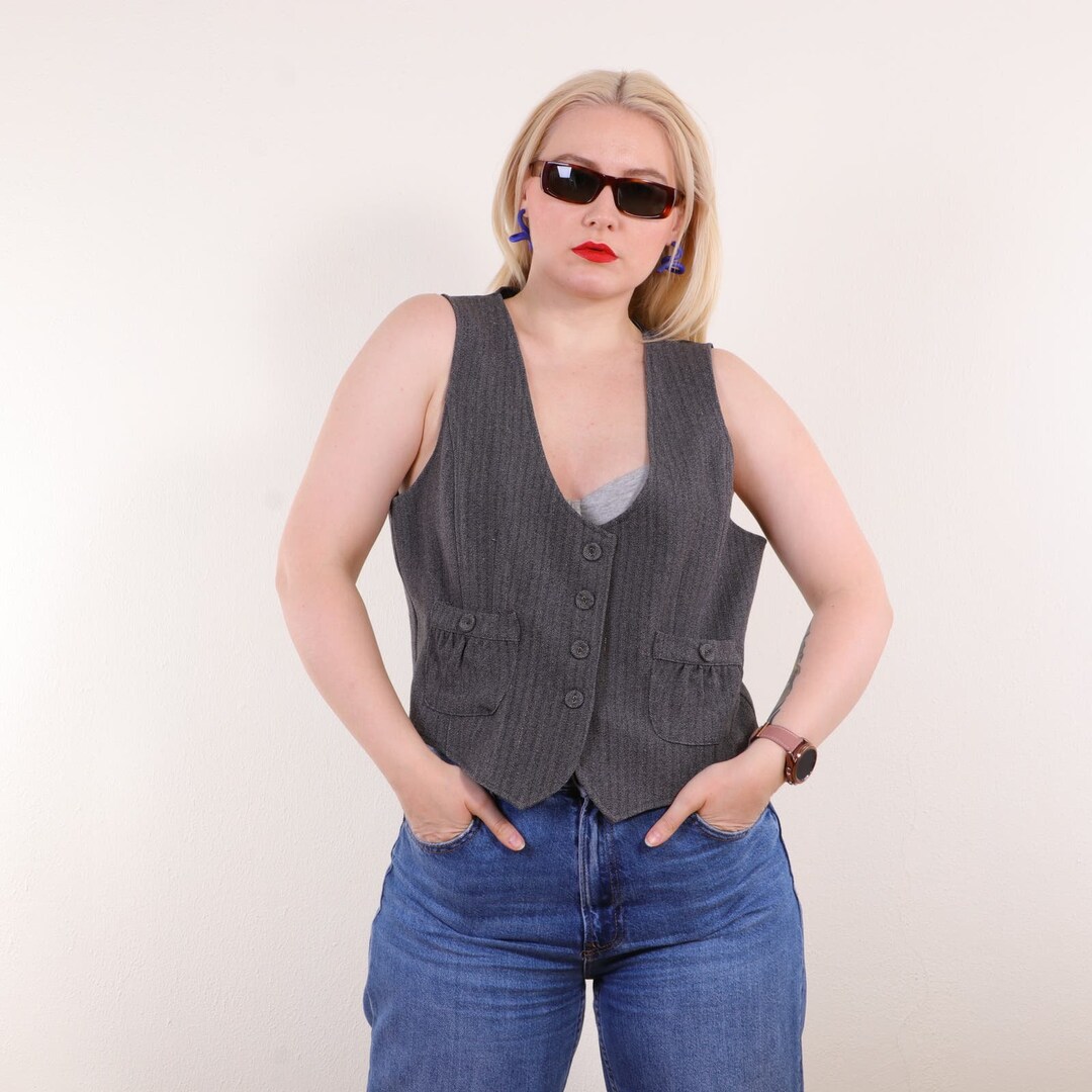 Vintage Y2K Vest in Herringbone Size EU42 L/XL, Dark Academia Gray ...