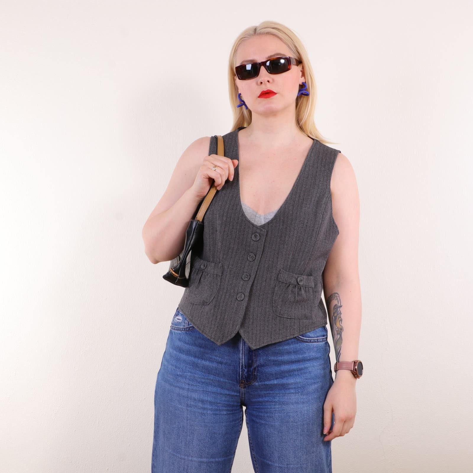 Vintage Y2K Vest in Herringbone Size EU42 L/XL, Dark Academia Gray ...