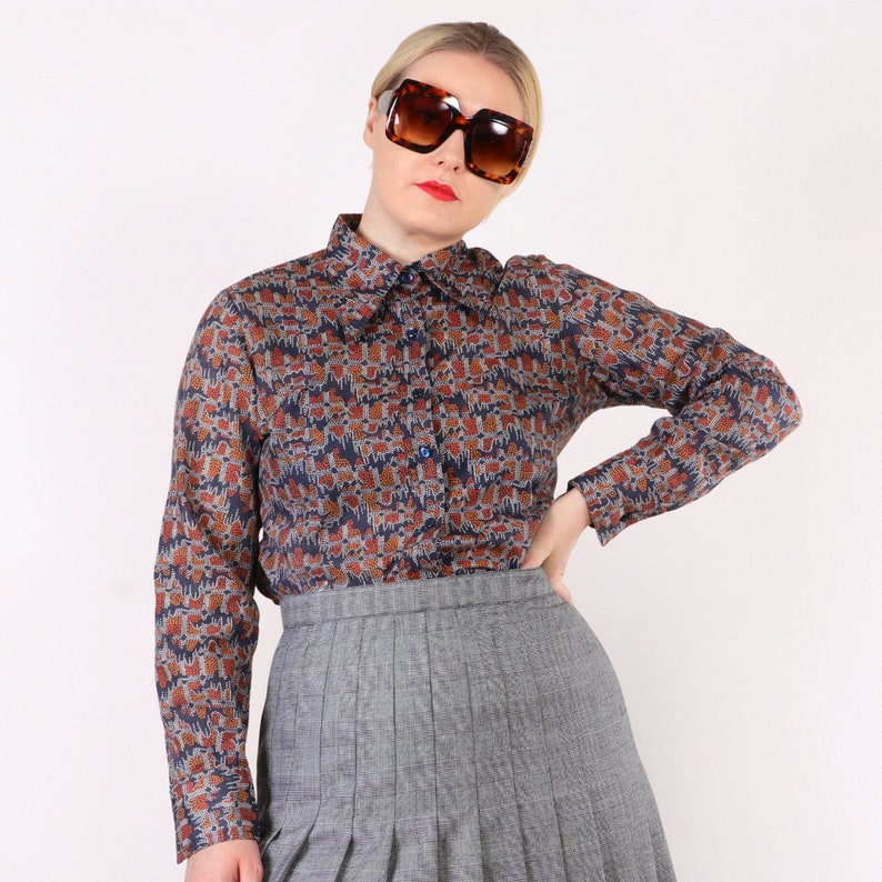 Vintage 70s Pointy Dagger Collar Disco Blouse S/M, Dotted Geometric ...