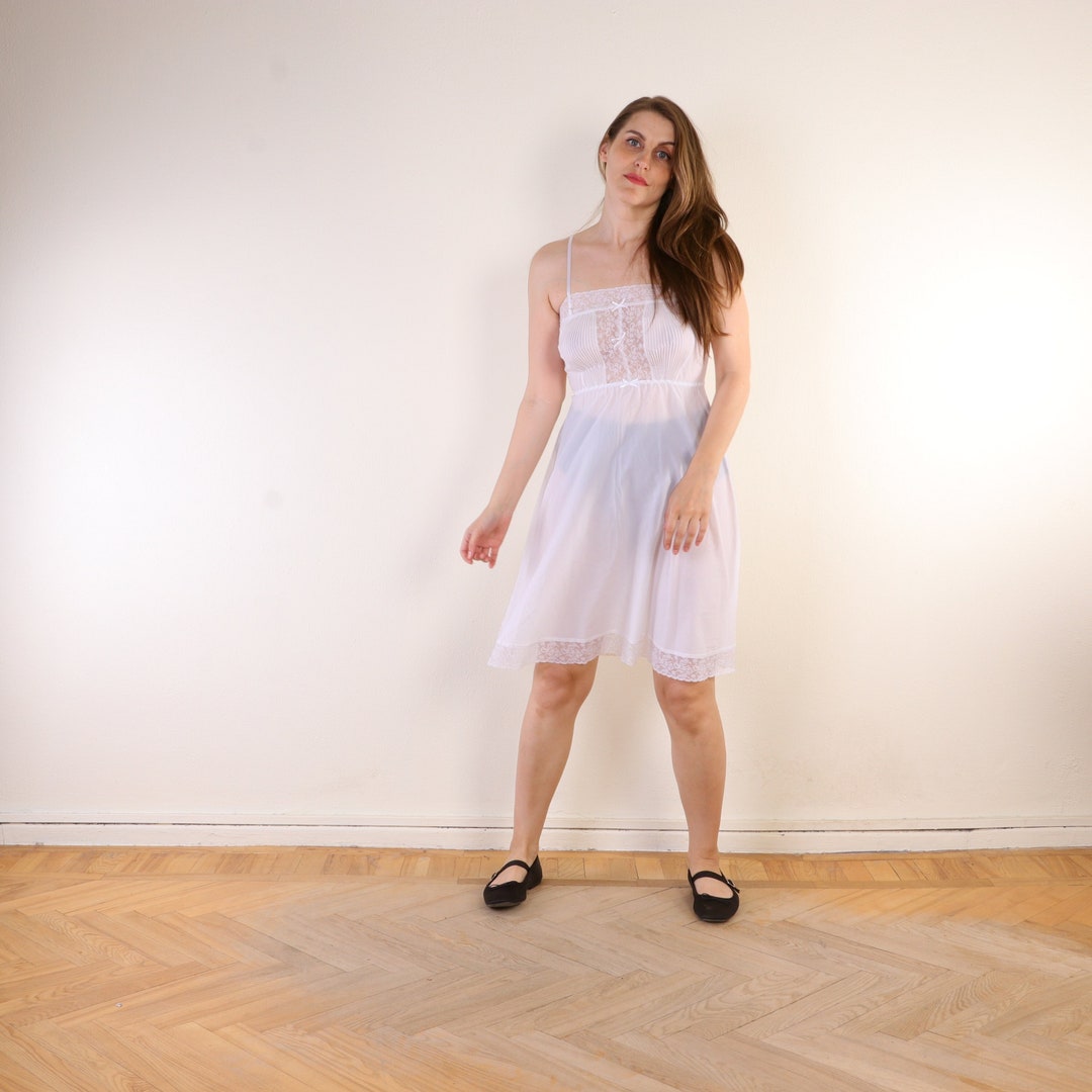 Vintage 80s Nylon Lace Sheer Camisole Nightgown in White, Night Dress ...