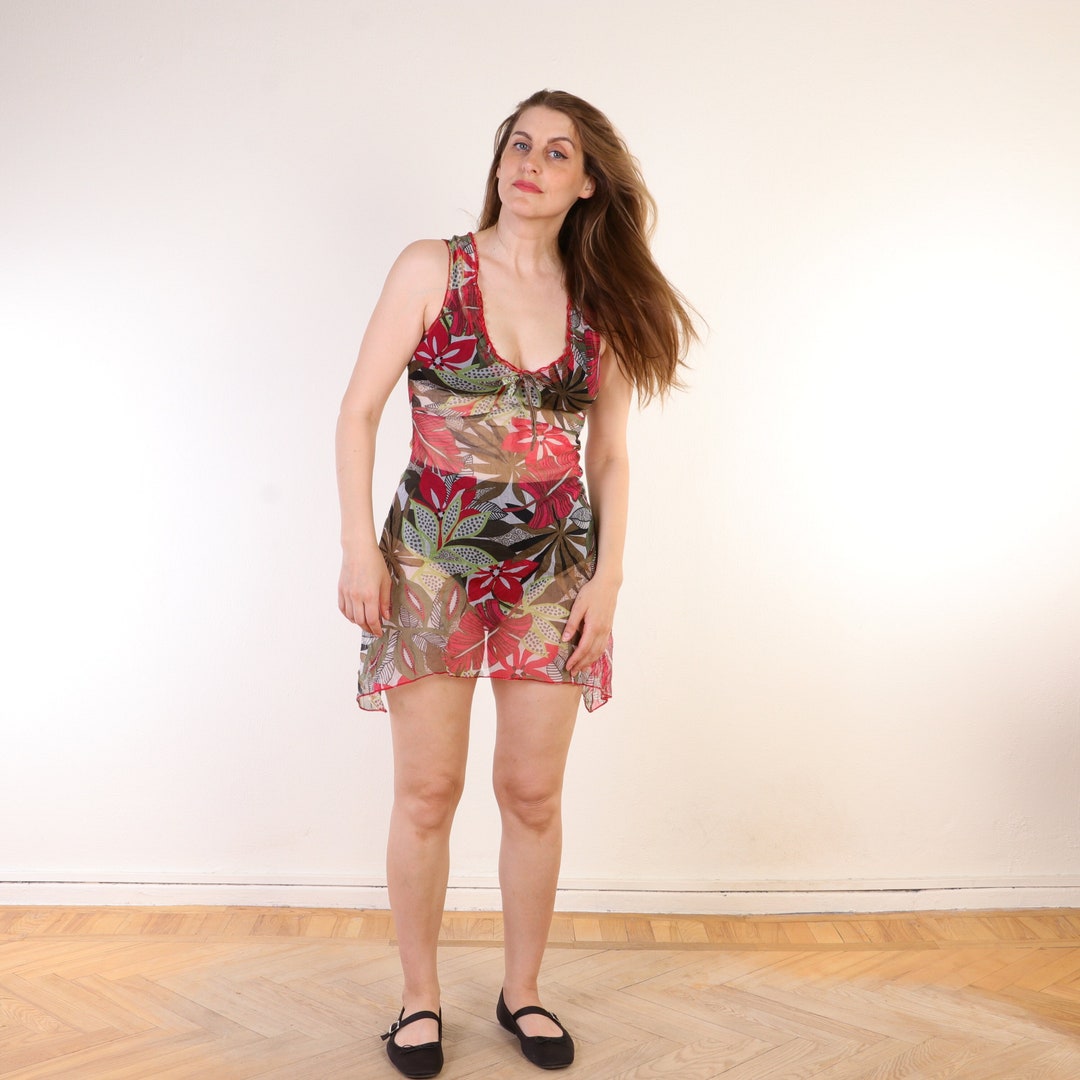 Y2K Vintage Micro Mini Mesh Sheer Asymmetrical Sleeveless Dress Bikini ...