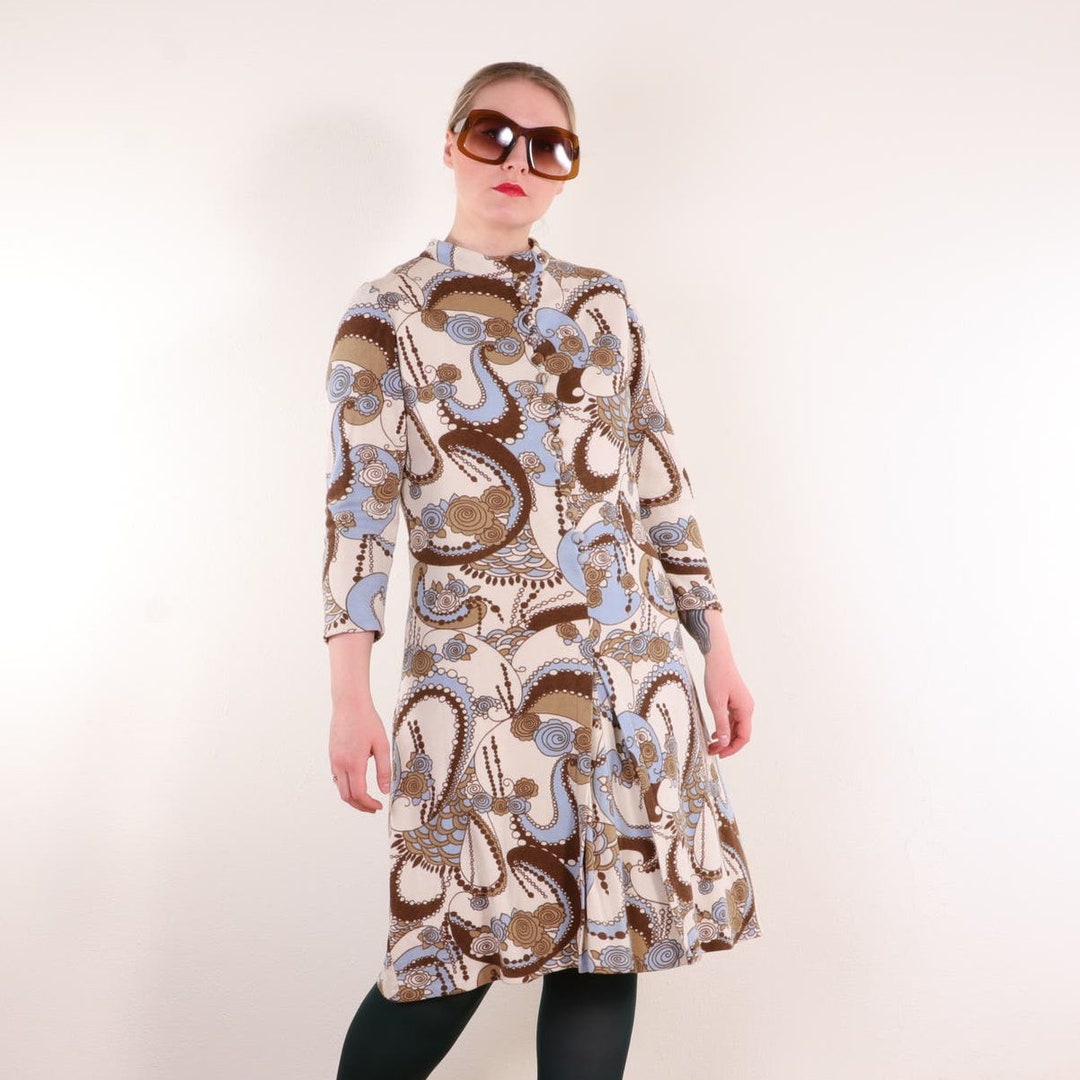 60s Vintage MOD Psychedelic Print High Neck Midi Dress in Earthy Tones ...
