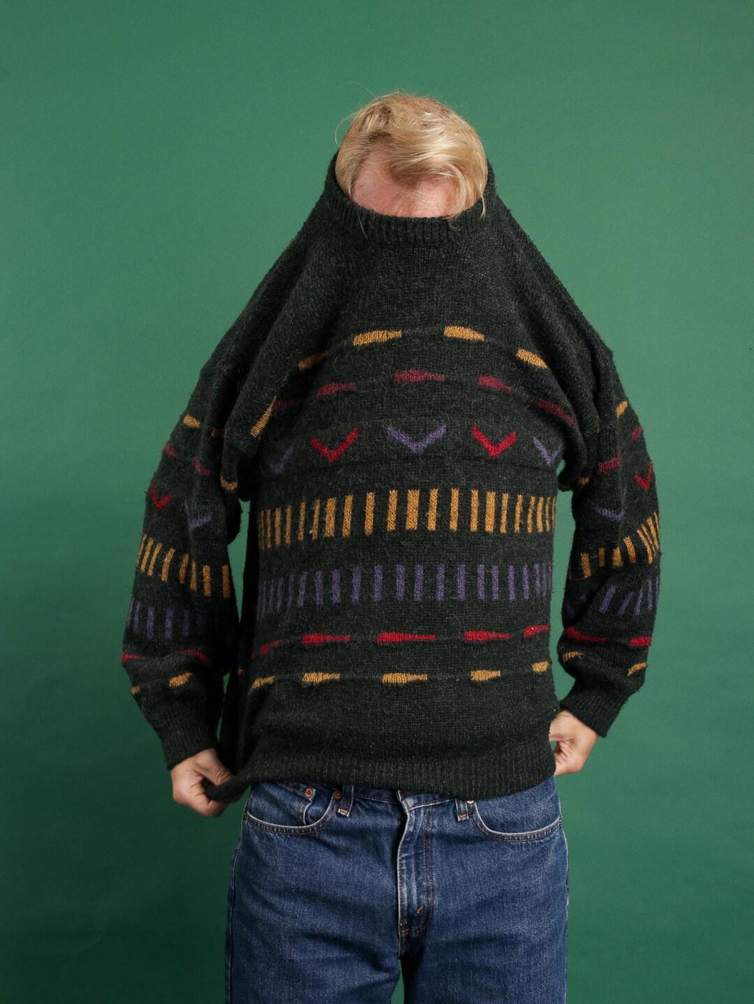 Vintage Dark Grunge 90s Colourful 3D Knit Geometric Wool Blend Sweater ...