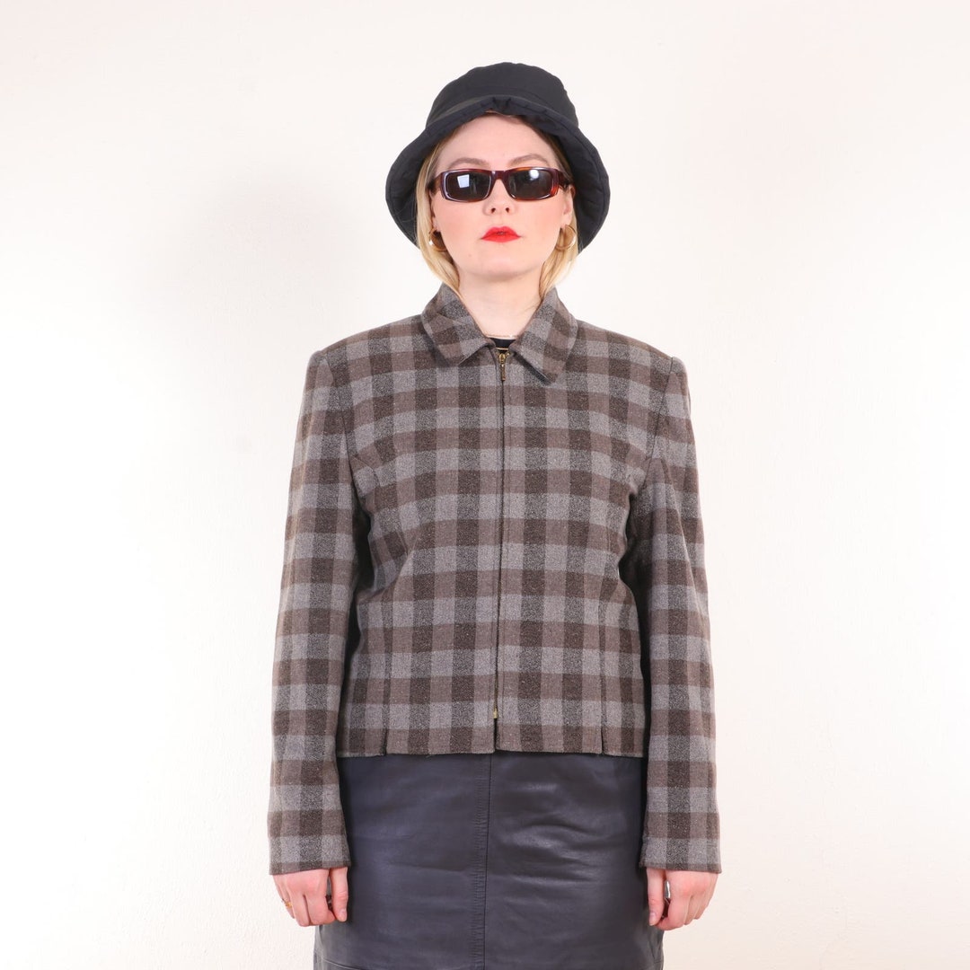 90s Vintage Plaid Cropped Jacket W Zipper in Gray Wool Blend EU40 - Etsy