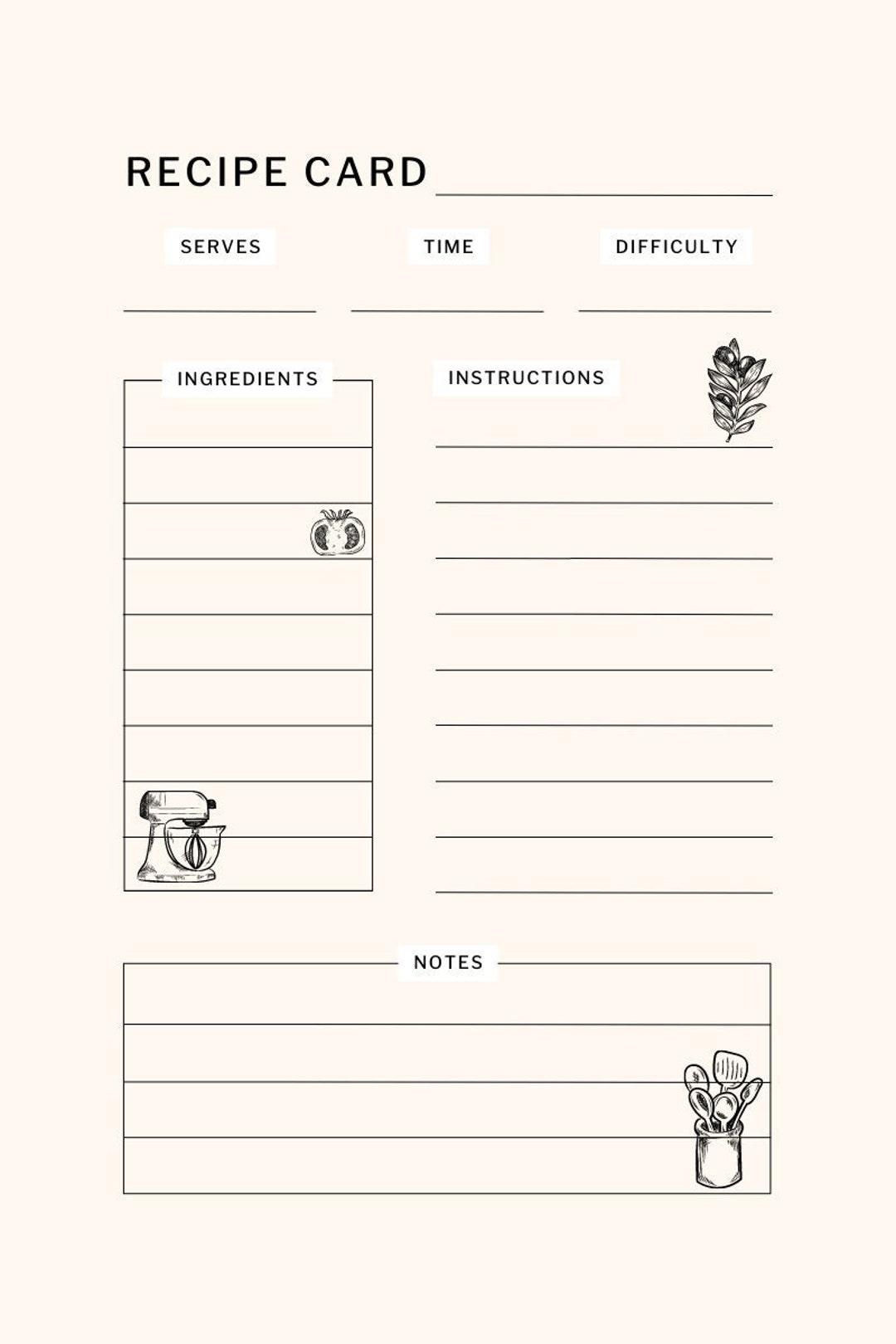 Digital Recipe Card, Printable Recipe Card, Digital Download, Light ...