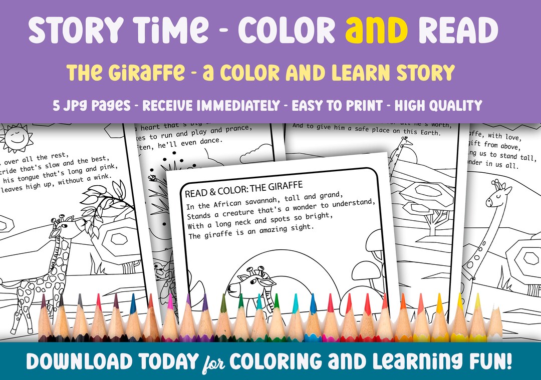 Giraffe 5 Coloring Pages With Story Poem Color and Learn, Original Poem ...