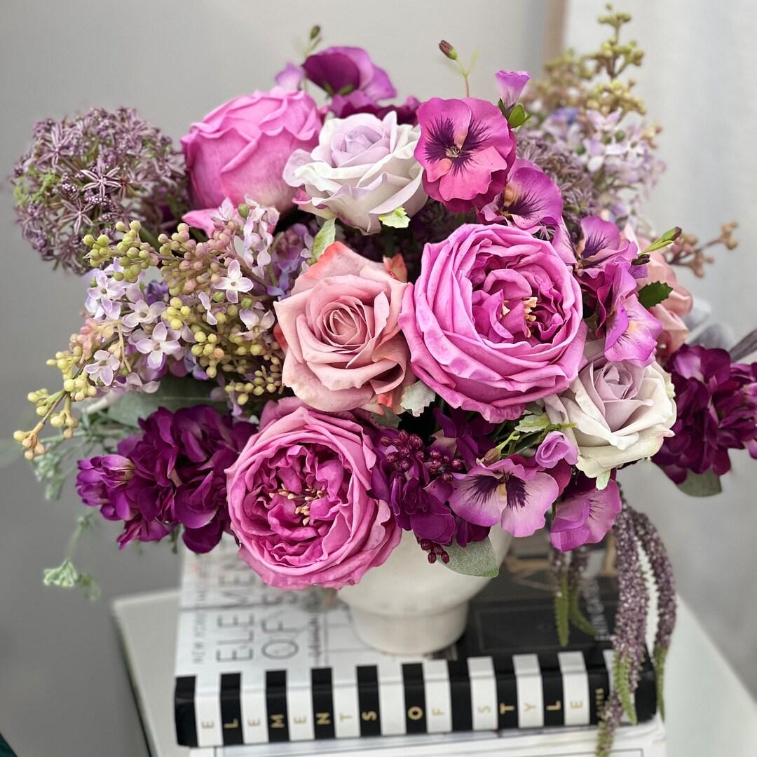 Elegant Faux Flower Arrangement With Purple Florals, Real Touch Faux ...